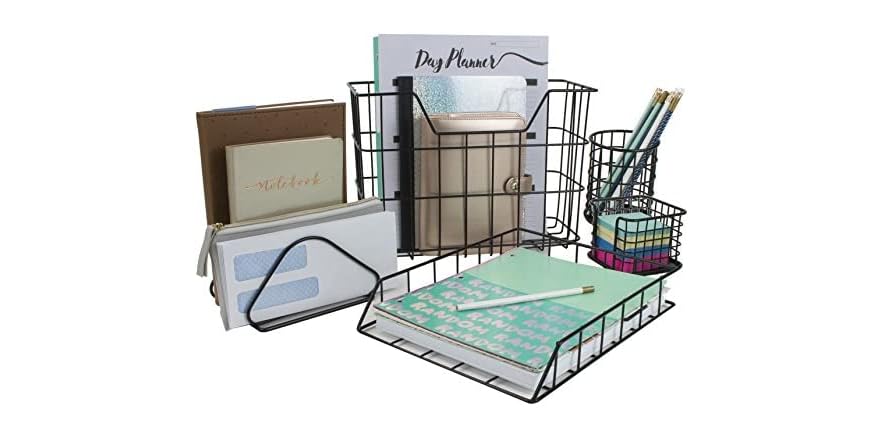Wire Metal 5 in 1 Desk Organizer Set White