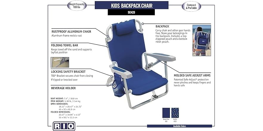 Rio Beach Kid's 5-Position Lay Flat Backpack Folding Beach Chair