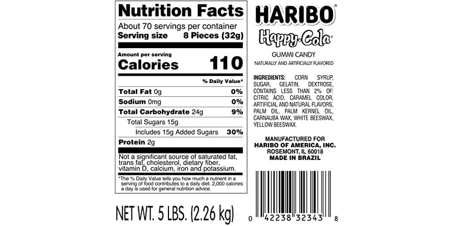 Haribo Gummi Candy, Happy-Cola, 5 Pound Bag