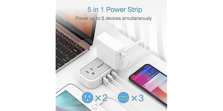 TESSAN 15FT Mini Power Strip (2 Outlets, 3 USB Ports)