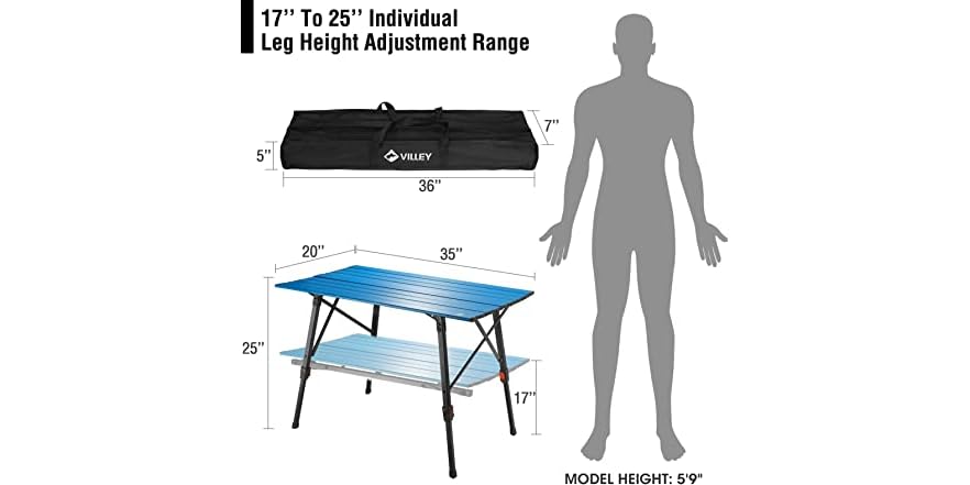VILLEY Portable Camping Table Adjustable Legs