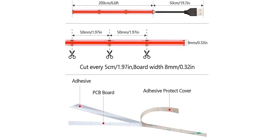 5V USB COB Red LED Strip Light 2 Pack