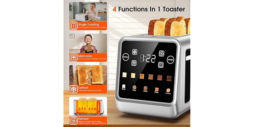 4 Slice Touch Screen Toaster Wide Slot
