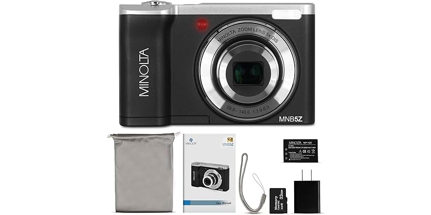 Minolta 56MP Dual Lens Digital Camera – 5X Optical Zoom, 5K (Open Box)