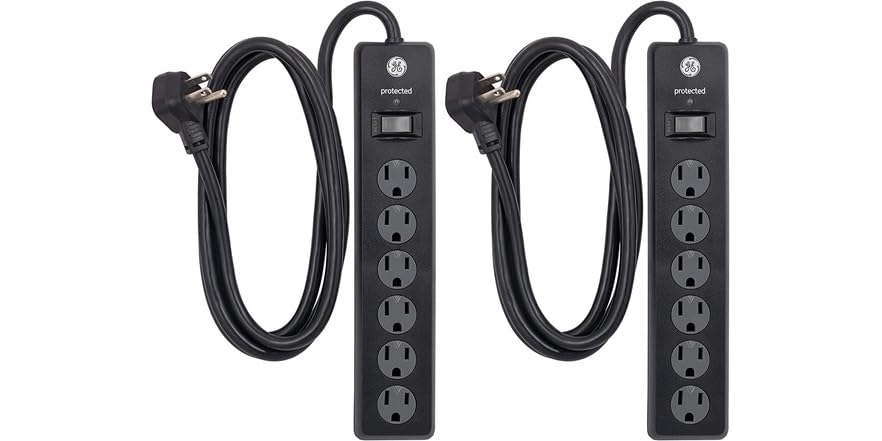 (2 Pack) GE 6-Outlet 6ft Surge Protector, 800 Joules, Flat Plug
