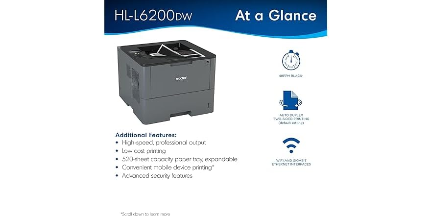 Brother HL-L6200DW Wireless Monochrome Single-Function Laser Printer ...