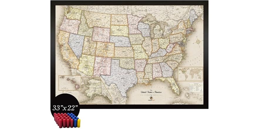 Framed Magnetic USA Map | Classic Tan