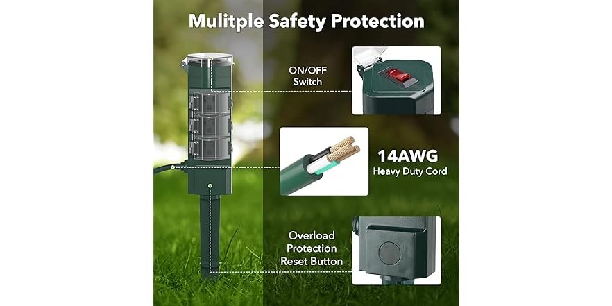 HBN Outdoor Power Strip Yard Stake with 6ft Extension Cord