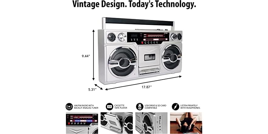 Victrola Retro Bluetooth Boombox with Cassette Player and AM/FM Radio