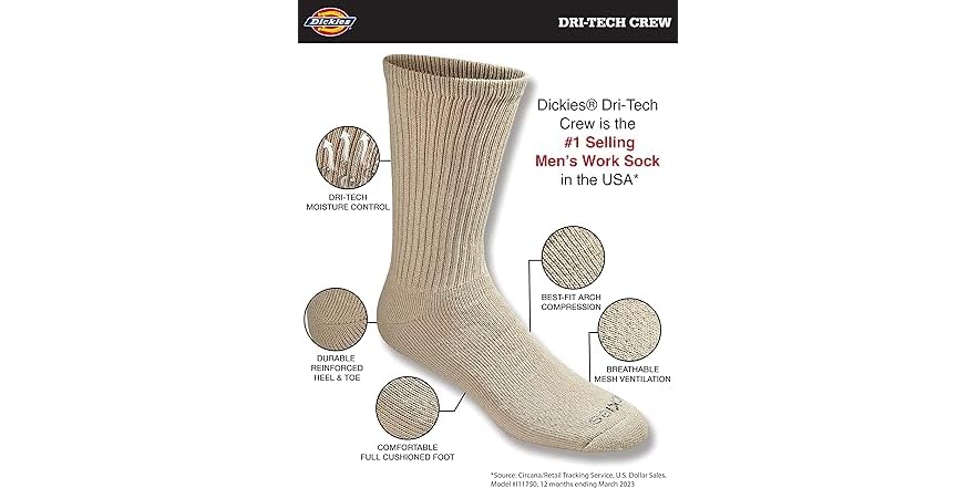 Dickies Men's Dri-tech Crew Socks 6 Pairs LG