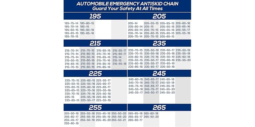 8 Pack Tire Snow Chains for Cars- Tire Width 195-265mm