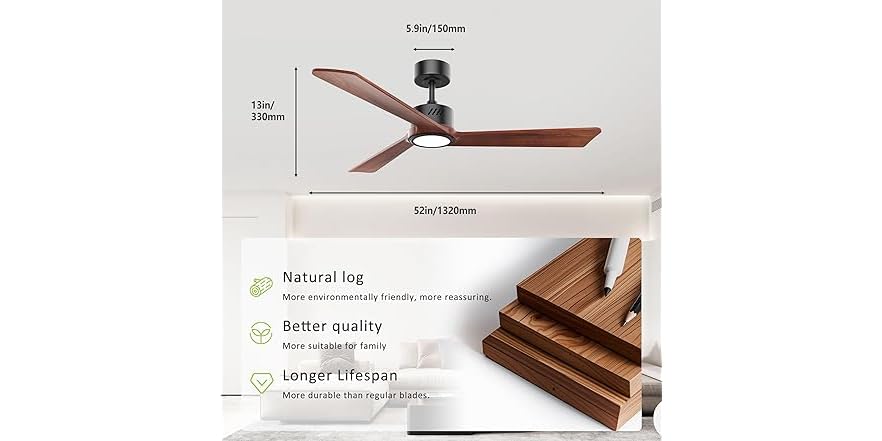 DAMINY Natural Solid Wood 52in Ceiling Fan (Open Box)