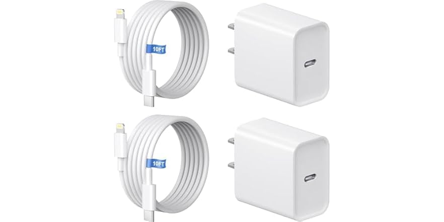 (2 PACK) 10FT Lightning Cable & 20W USB-C Charging Adapter