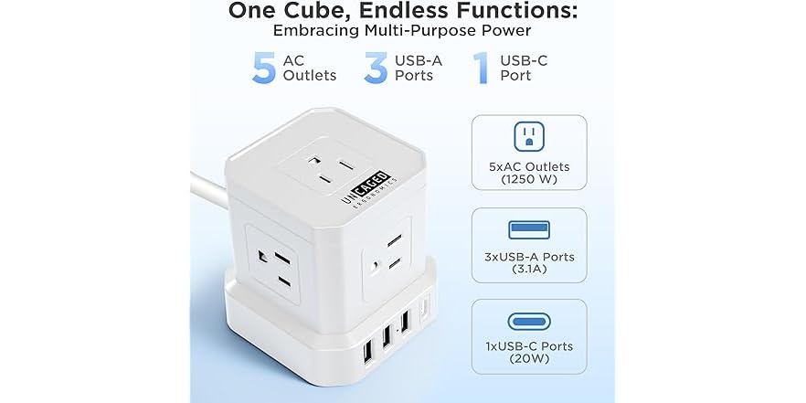 Uncaged Ergonomics 10ft Power Cube w/Outlets and USB Ports