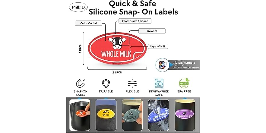 MilkID Milk Frothing Pitcher with Snap-On Labels