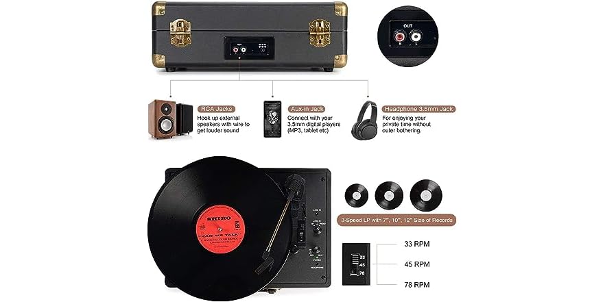 Vinyl Record Player 3-Speed Bluetooth Suitcase