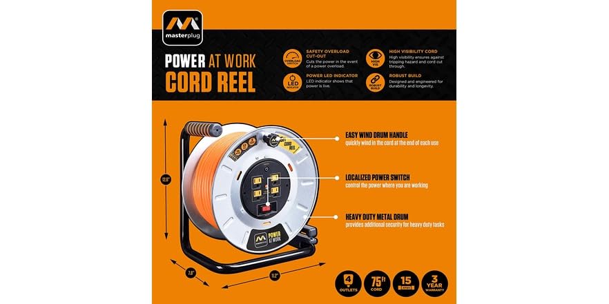 MasterPlug 75' 12/3 Metal Extension Cord Reel