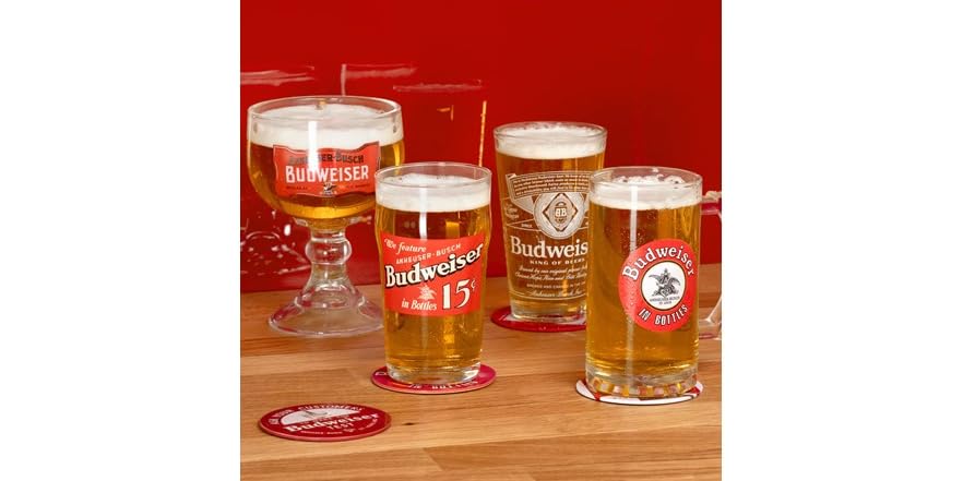 Budweiser 4 Beer Glass and Coaster Deluxe Gift Set