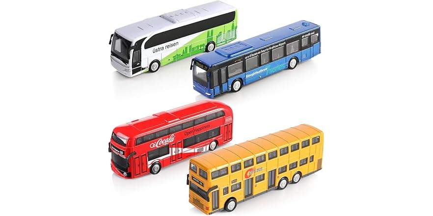 Set of 4 Kids Die-Cast Metal Toy Buses