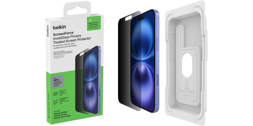 Belkin ScreenForce InvisiGlass Privacy Screen Protector for iPhone 16 ...