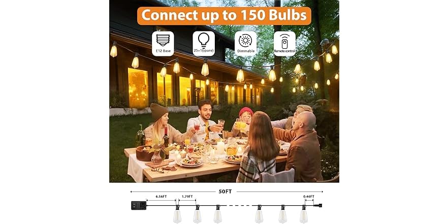 Brightever Dimmable Outdoor String Lights w/ Remote,50FT