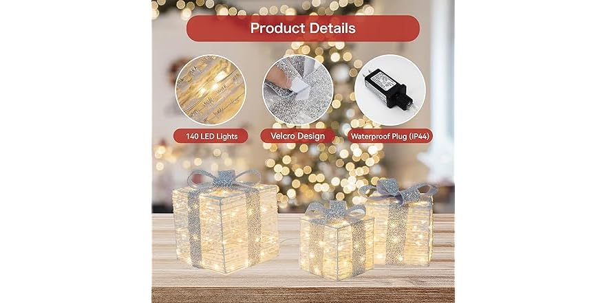 Set of 3 Christmas Lighted Gift Boxes Silver Bow
