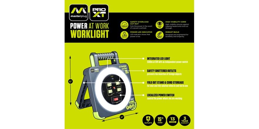 Masterplug Light & 15ft Cord Reel w/4 Outlets