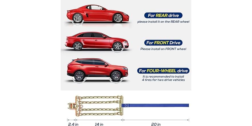 8 Pack Tire Snow Chains for Cars- Tire Width 195-265mm