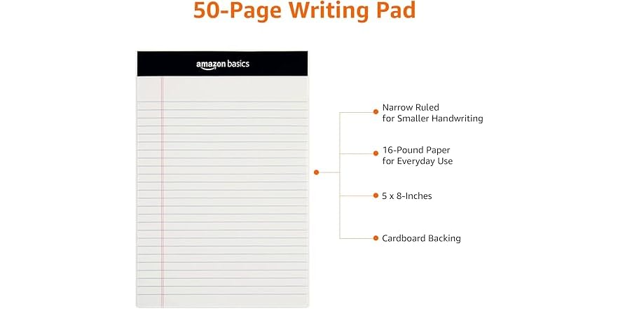 Amazon Basics 5" x 8" Writing Pad, 72Ct