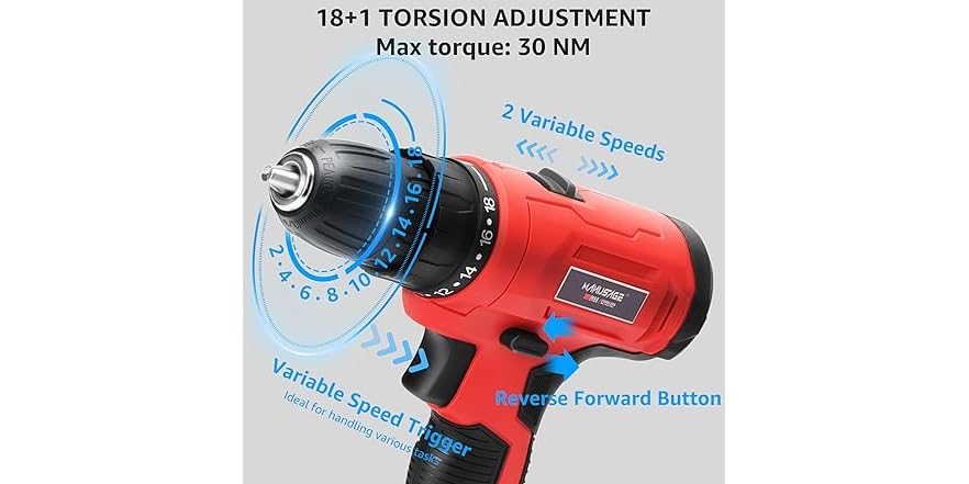 MANUSAGE 20V Cordless 2 Speed Power Drill Kit