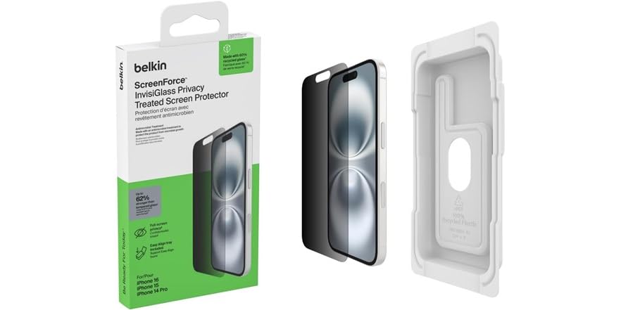 Belkin ScreenForce InvisiGlass Privacy Screen Protector for iPhone 16 ...
