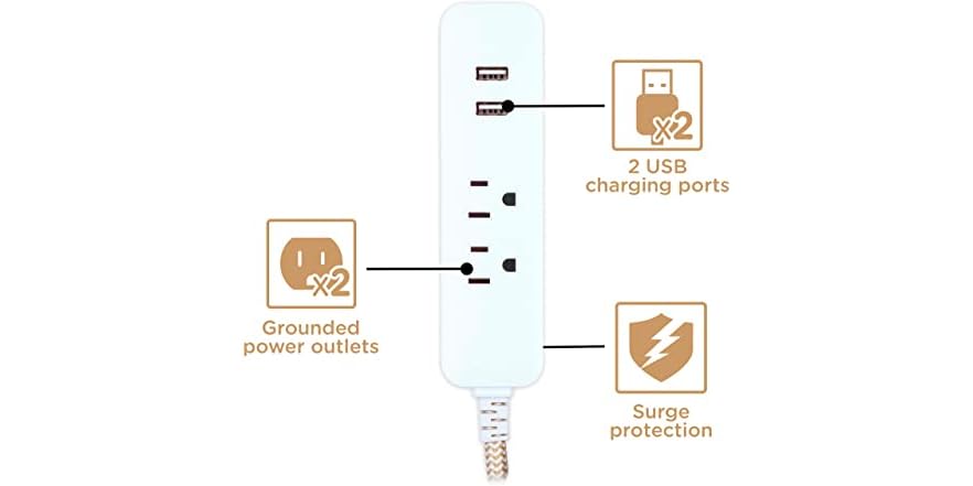 2-Outlet Power Strip with 2 USB Ports, 10 Ft