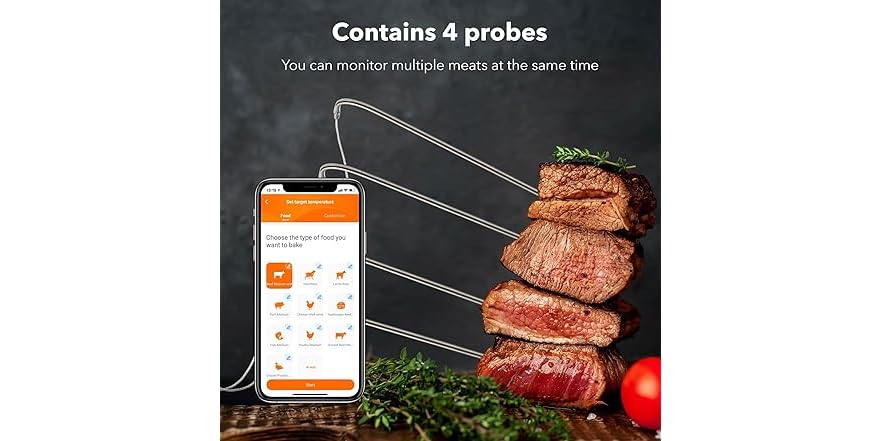 HBN Bluetooth Meat Grill Thermometer with 4 Probes