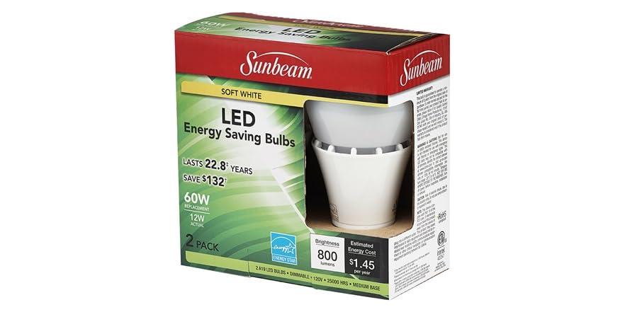 Sunbeam A19 LED 12W Bulb, 2-Pack