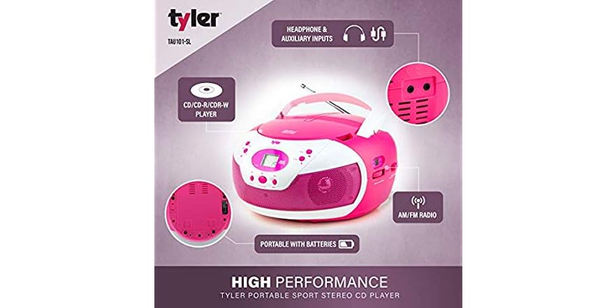 Tyler Portable Neon Pink Stereo CD Player