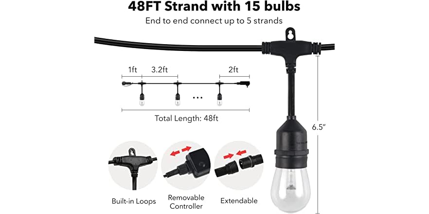 HBN 48ft Outdoor String Lights w/ Remote