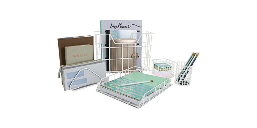 Wire Metal 5 in 1 Desk Organizer Set White