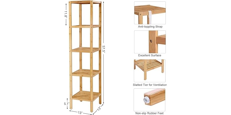 SONGMICS 5-Tier Bamboo Bathroom Shelf, 13"D x 13"W x 57.5"H