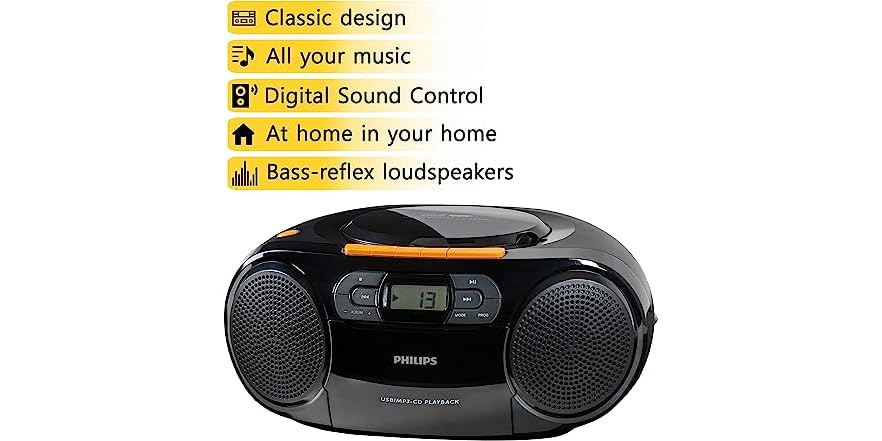 Philips AZ328 Portable Boombox - CD/Cassette Player, USB, FM, MP3