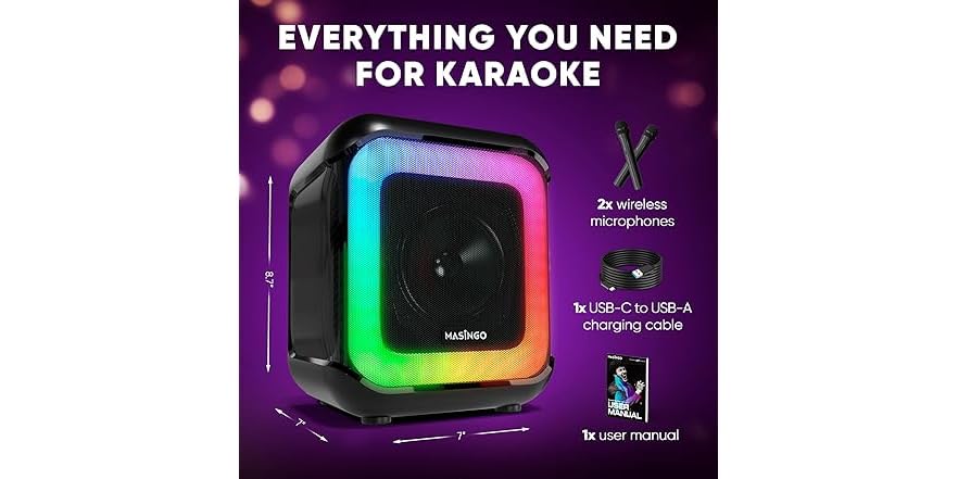 MASINGO C7 Karaoke Machine w/ 2 Wireless BT Microphones
