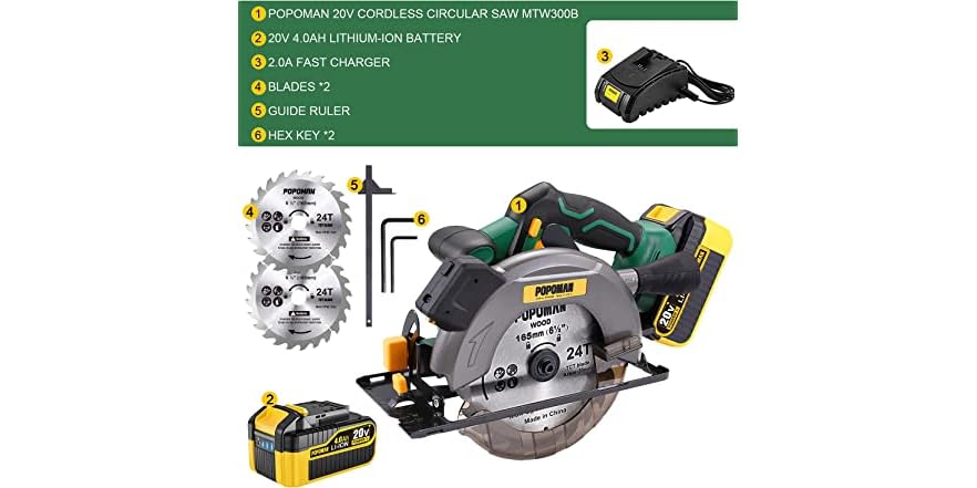 POPOMAN 20V Circular Saw, w/4.0Ah Btty & Chgr