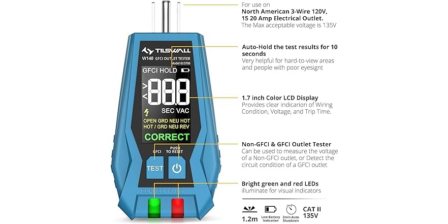 TILSWALL W140 GFCI Outlet Tester Blue