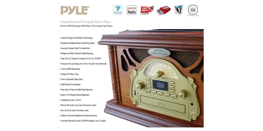 Pyle Retro Vintage Turntable With AM/FM Radio & CD