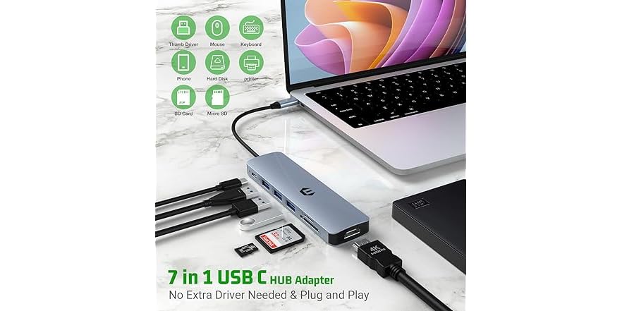 Tymyp USB-C HUB, 7-in-1 Laptop Multiport Adapter Hub