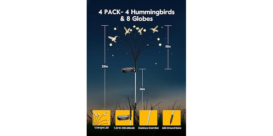 4-Pack 12 LED Hummingbirds Solar Firefly Lights
