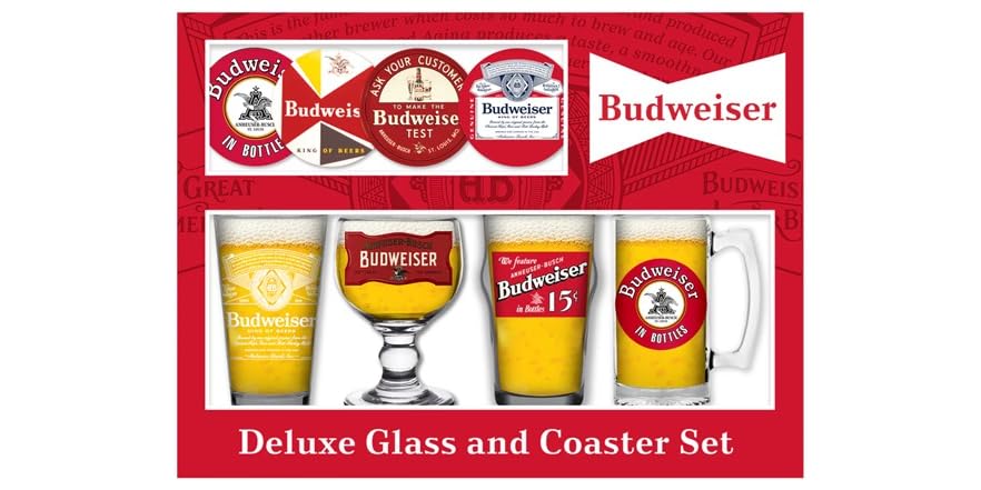 Budweiser 4 Beer Glass and Coaster Deluxe Gift Set