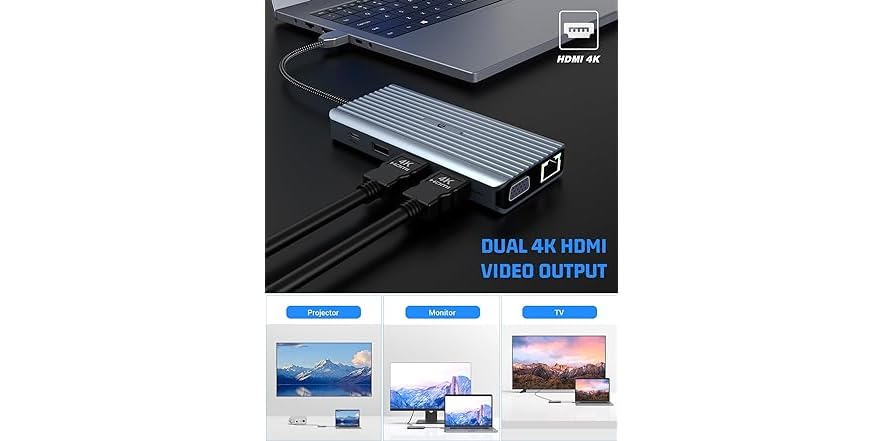 Tymyp 12-in-1 USB-C Dock, Triple HDMI/VGA