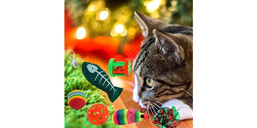 Kole Christmas Cat Stocking, 6 Assorted Toys