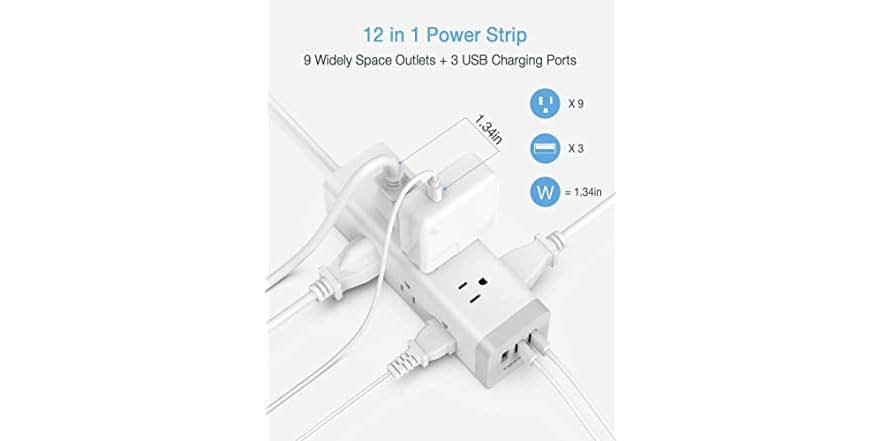 TESSAN Power Strip Surge Protector (9 Outlets & 3 USB-A Ports)