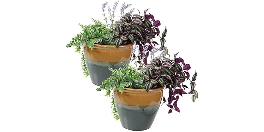 Sunnydaze Forest Lake Green 12" Ceramic Planter, Set of 2